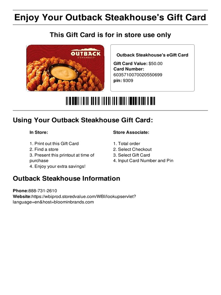 Enjoy Your Outback Steakhouse's Gift Card: This Gift Card Is For in ...