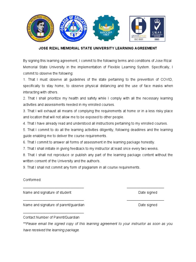 Jose Rizal Memorial State University Learning Agreement | PDF