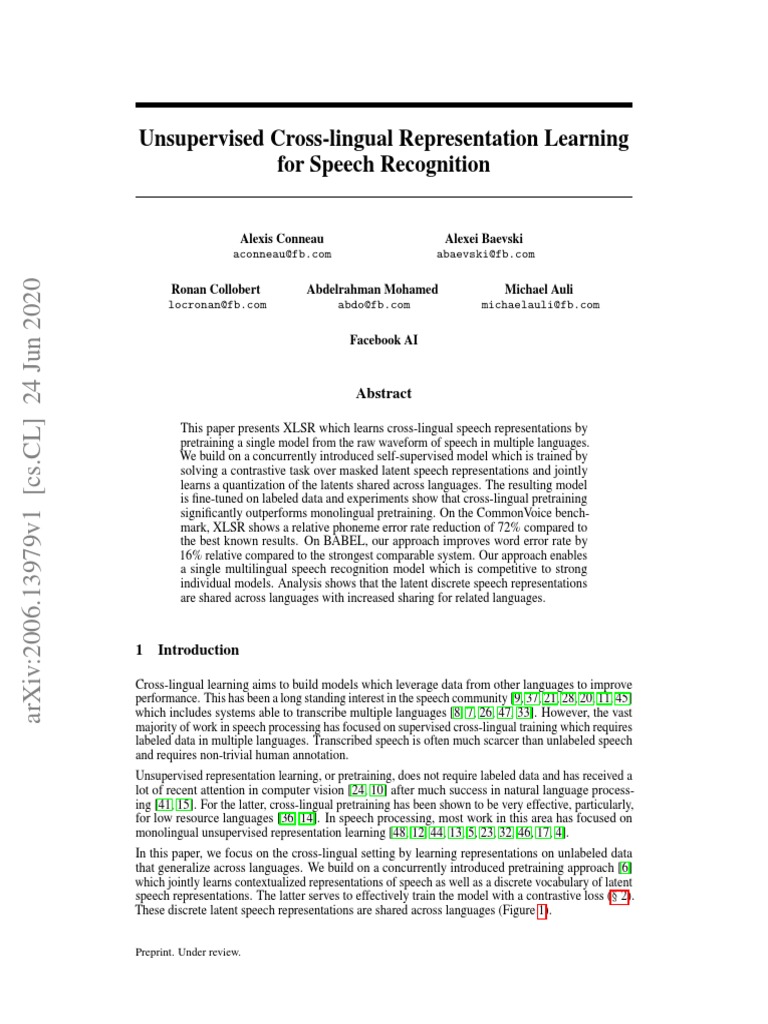 Unsupervised Cross-Lingual Representation Learning For Speech Recognition | PDF ...
