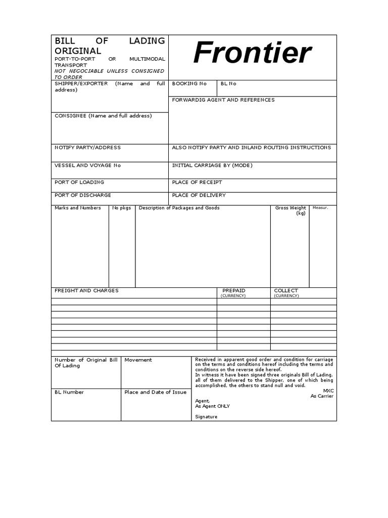 Frontier: Bill of Lading Original | PDF