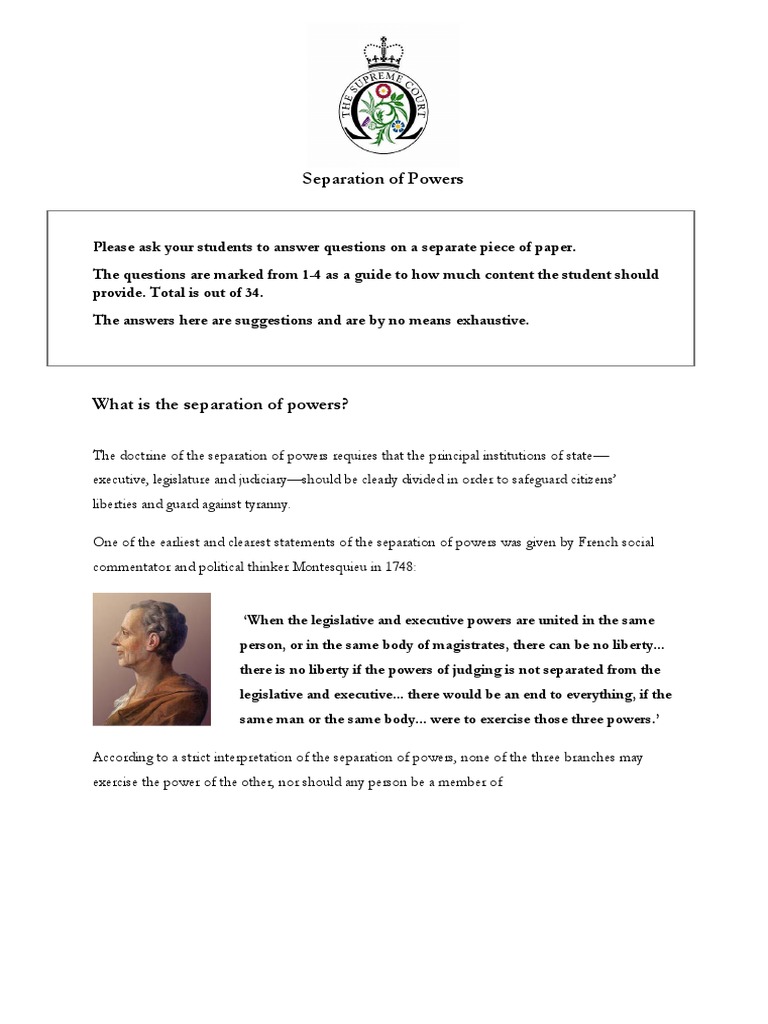 Separation of Powers Worksheets For Teachers | PDF | Separation Of ...