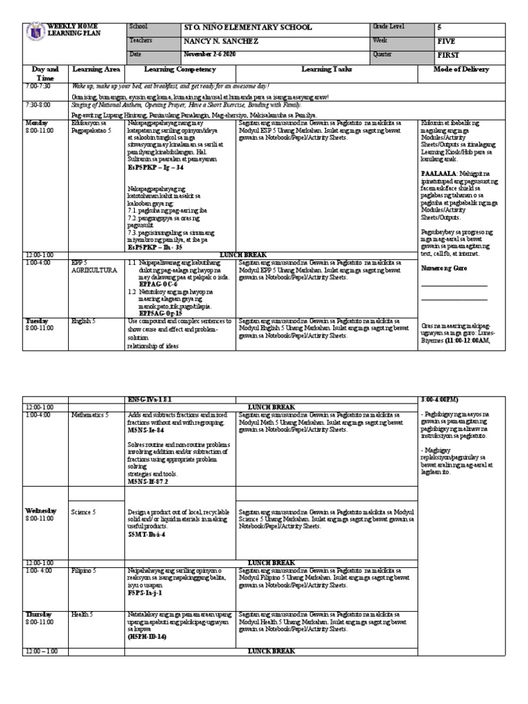 Weekly Home Learning Plan | PDF