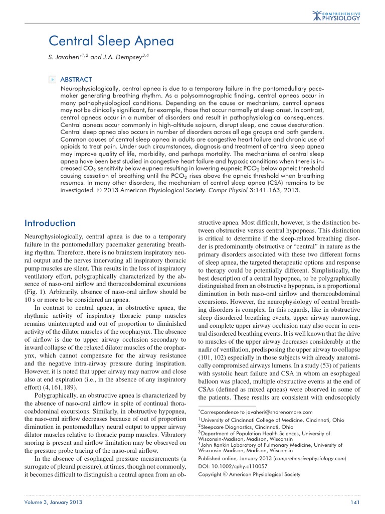 Central Sleep Apnea: S. Javaheri and J.A. Dempsey | PDF | Apnea | Sleep