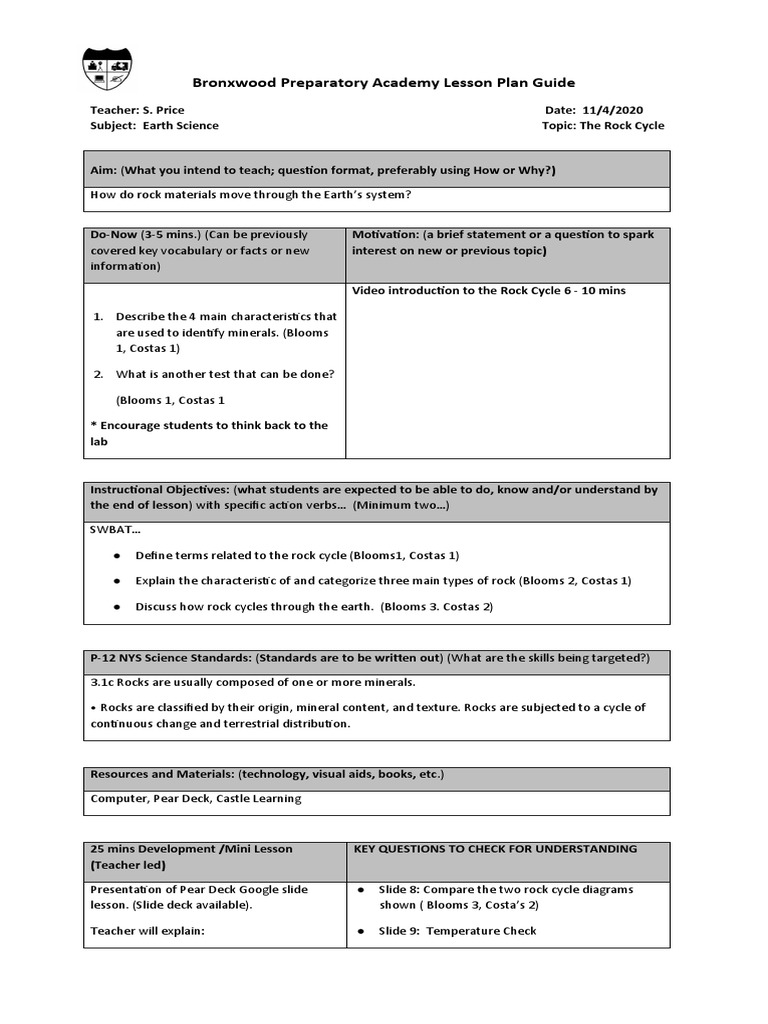 Rock Cycle Lesson Plan Blended With Bpa Template | PDF | Rock (Geology ...