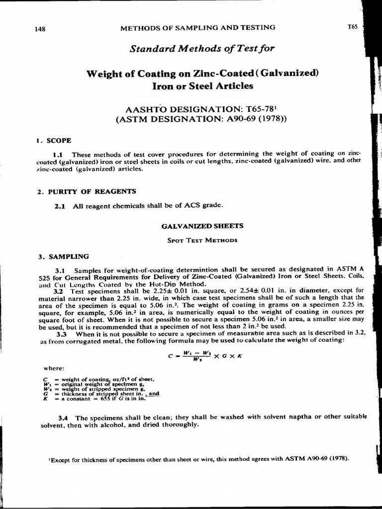 Aashto T 65-78' Asmt A 90-69 | PDF | Galvanization | Hydrochloric Acid