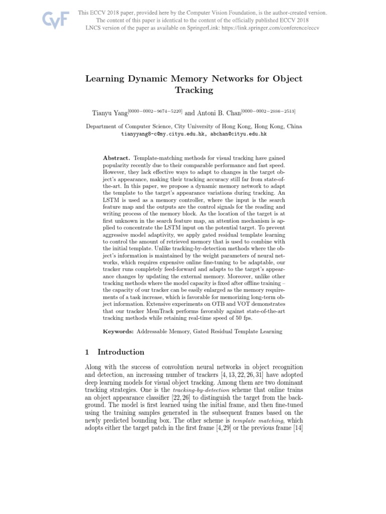 Tianyu Yang Learning Dynamic Memory ECCV 2018 Paper | PDF | Memory ...