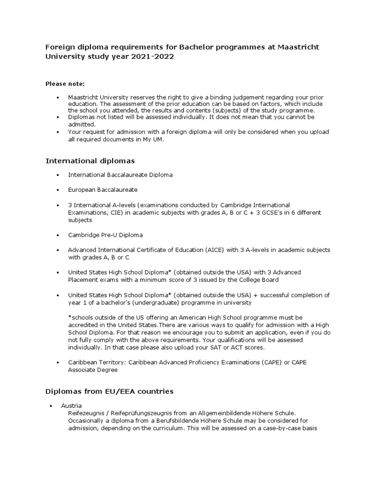 Foreign Diploma Requirements For Bachelor Programmes at Maastricht University Study Year 2021 ...