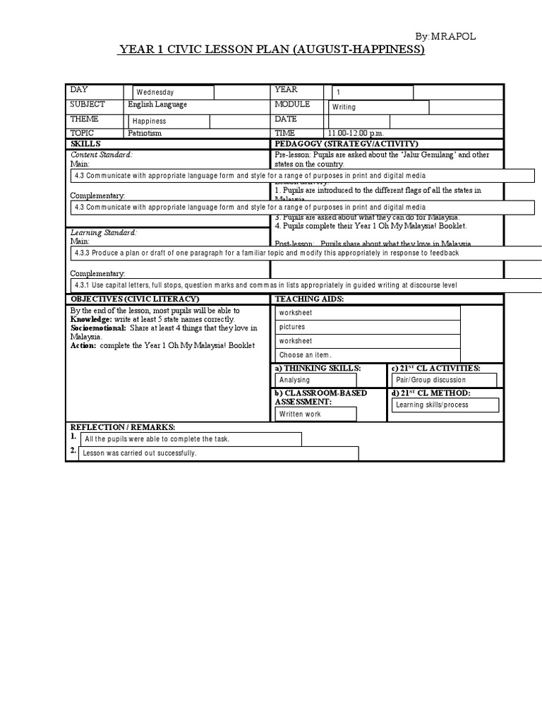 Year 1 Civic Lesson Plan (August-Happiness) : By:Mrapol | PDF | Lesson ...