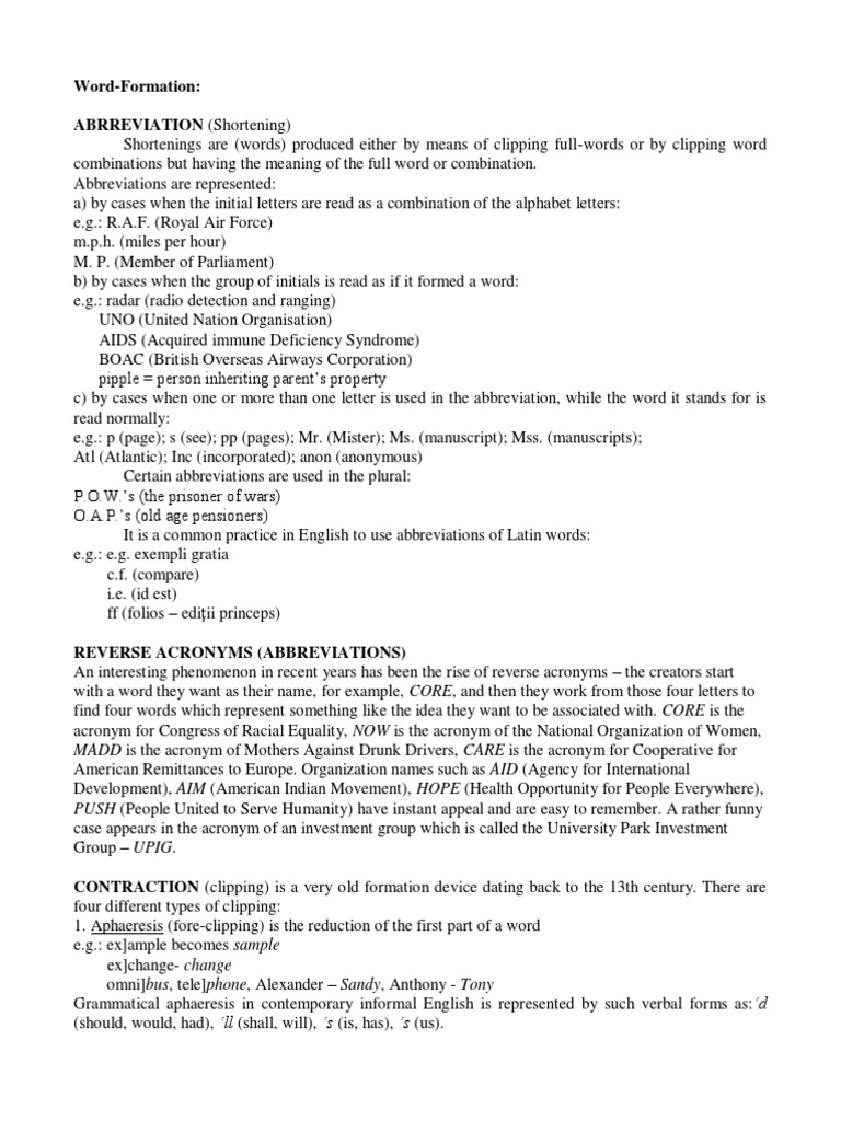 Word-Formation - Abbreviation. Contraction. Change of The Morphological ...