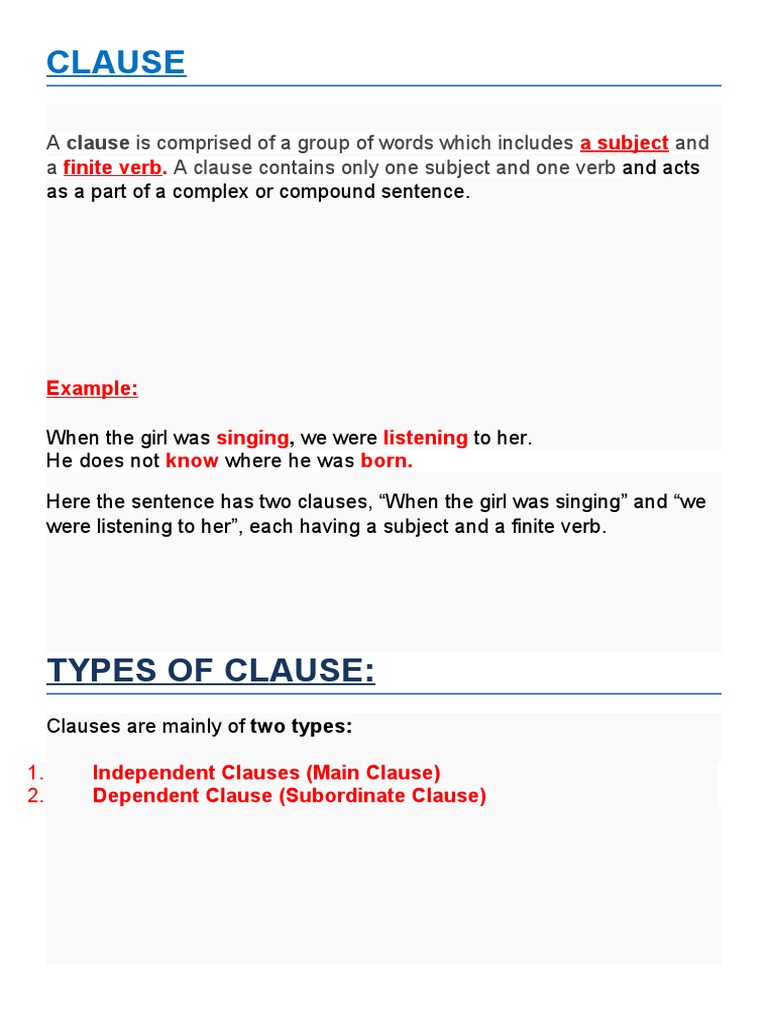 Types of Clause | PDF | Clause | Sentence (Linguistics)