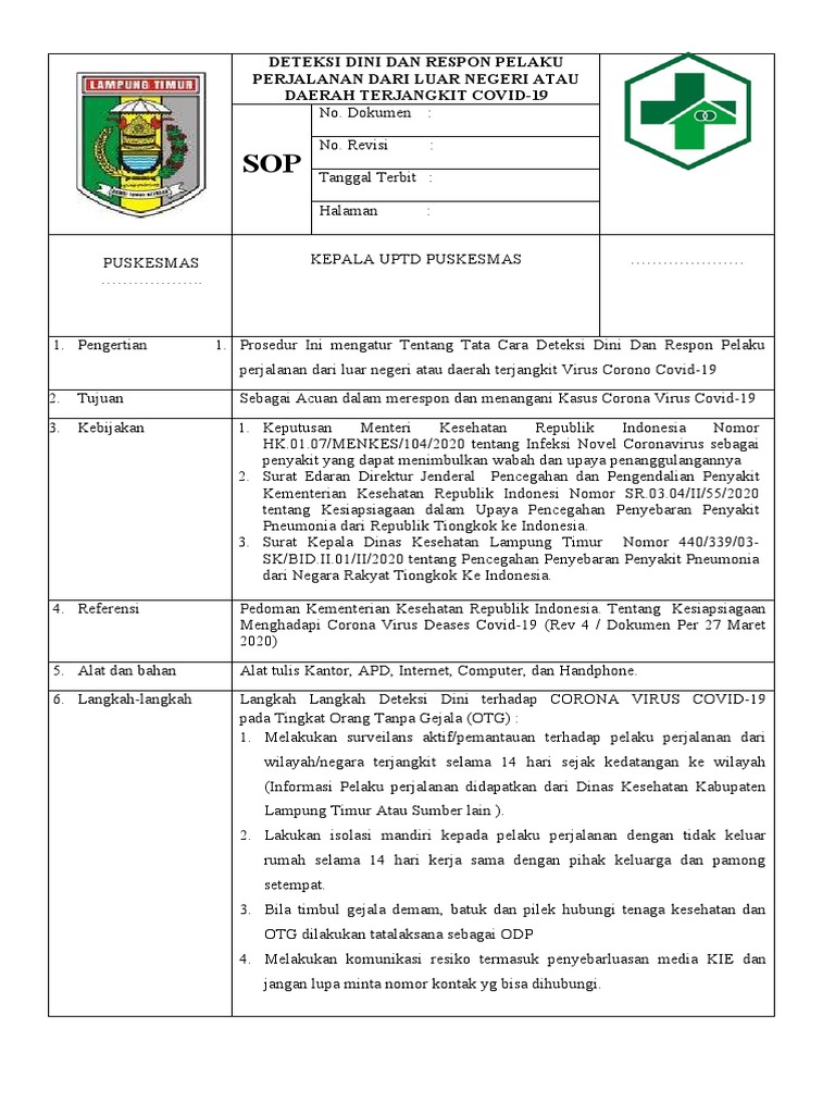 Contoh SOP Puskesmas Tentang Deteksi Dini Dan Respon Covid 19-3 | PDF