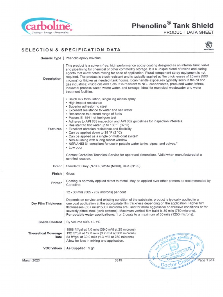 Phenoline Tank Shield Data Sheet | PDF | Epoxy | Chemical Substances