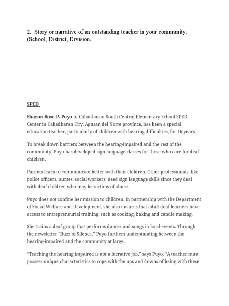 Story or Narrative of An Outstanding Teacher in Your Community. (School ...