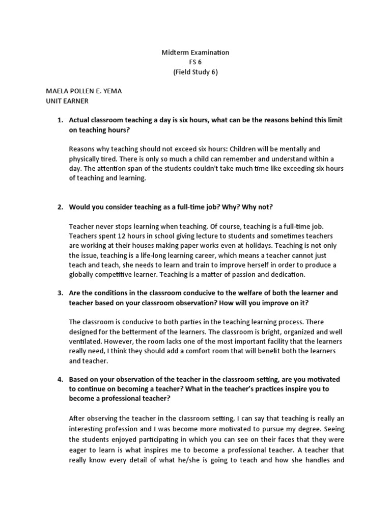 Midterm Examination FS6 | PDF | Teachers | Classroom