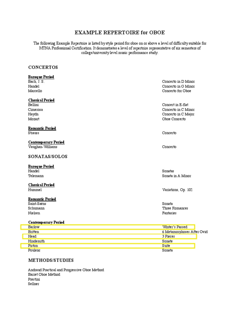 Example Repertoire For Oboe: Concertos | PDF | Concerto | Sonata