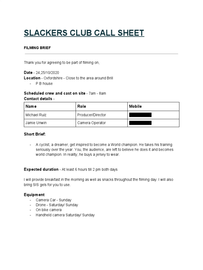 Slackers Club Call Sheet | PDF