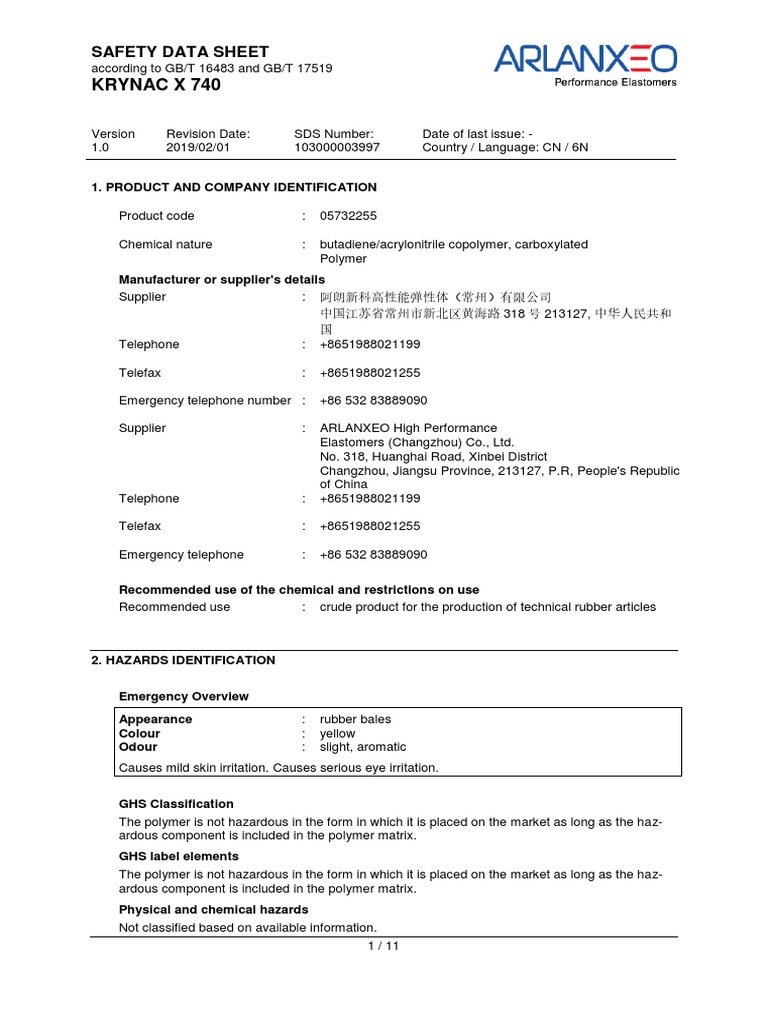 KRYNAC X 740 Safety Data Sheet | PDF | Dangerous Goods | Toxicity