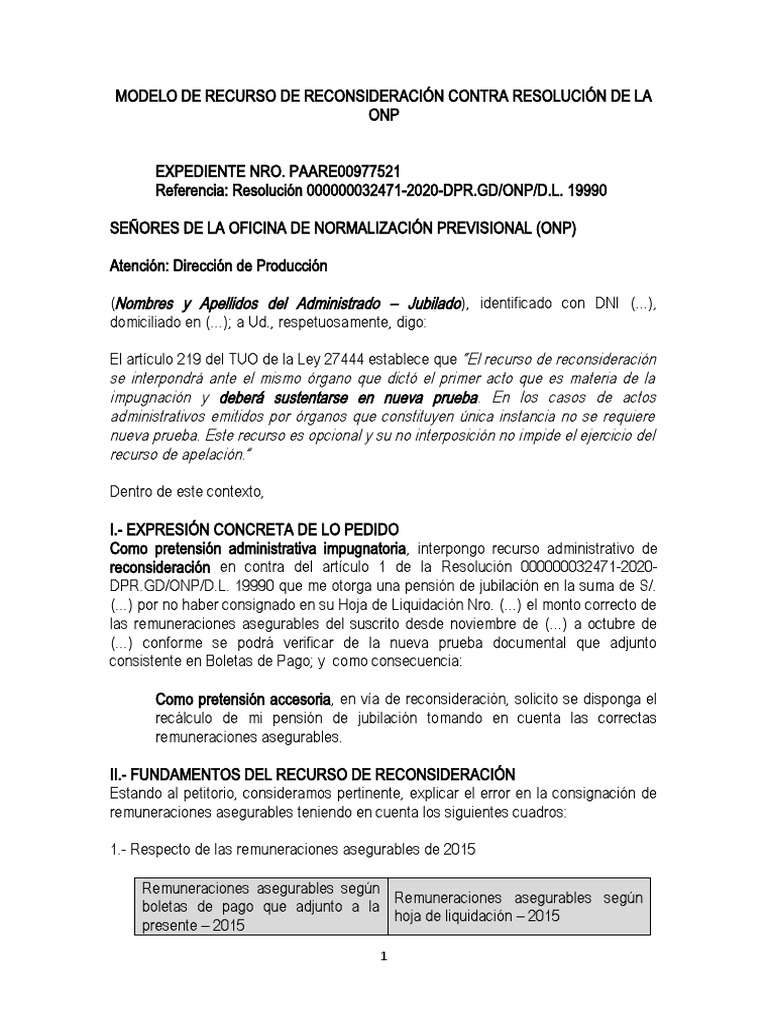 Modelo Recurso Reconsideracion Onp | PDF | Gobierno | Justicia
