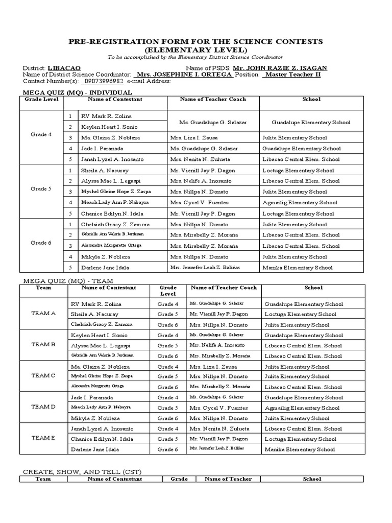 Pre-Registration Form For The Science Contests (Elementary Level) | PDF ...