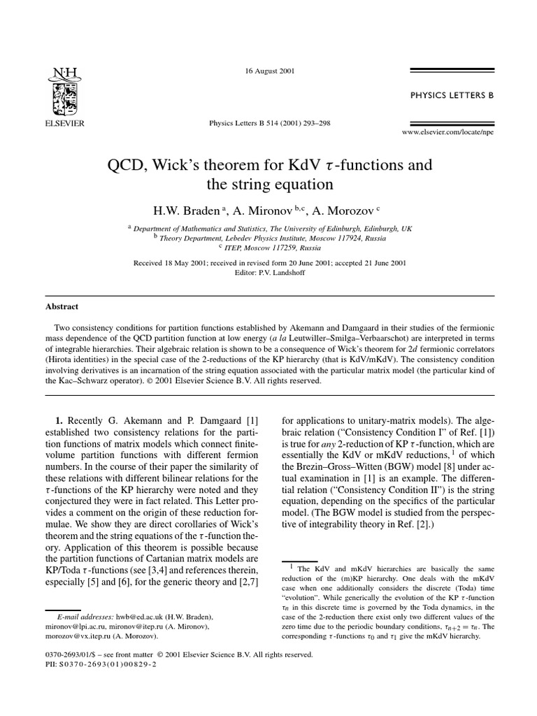 Qcd, Wick'S Theorem For Kdv Τ -Functions And The String Equation | PDF ...