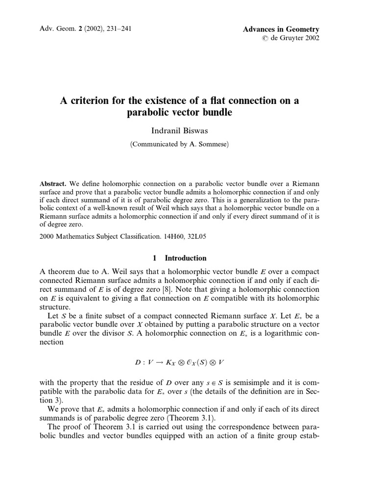 Flat Connection Criterion for Parabolic Bundles | PDF | Vector Space ...