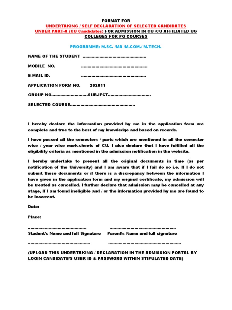 Undertaking / Self Declaration of Selected Candidates UNDER PART-A (CU ...