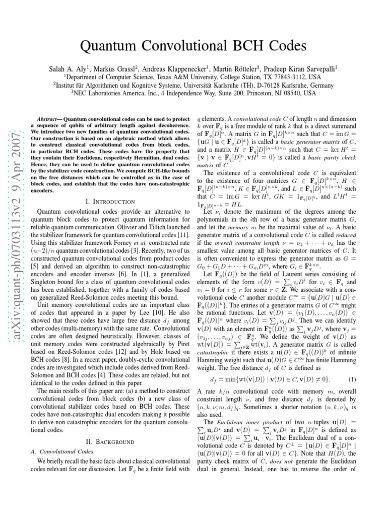 Quantum Convolutional BCH Codes | PDF | Matrix (Mathematics) | Theoretical Computer Science