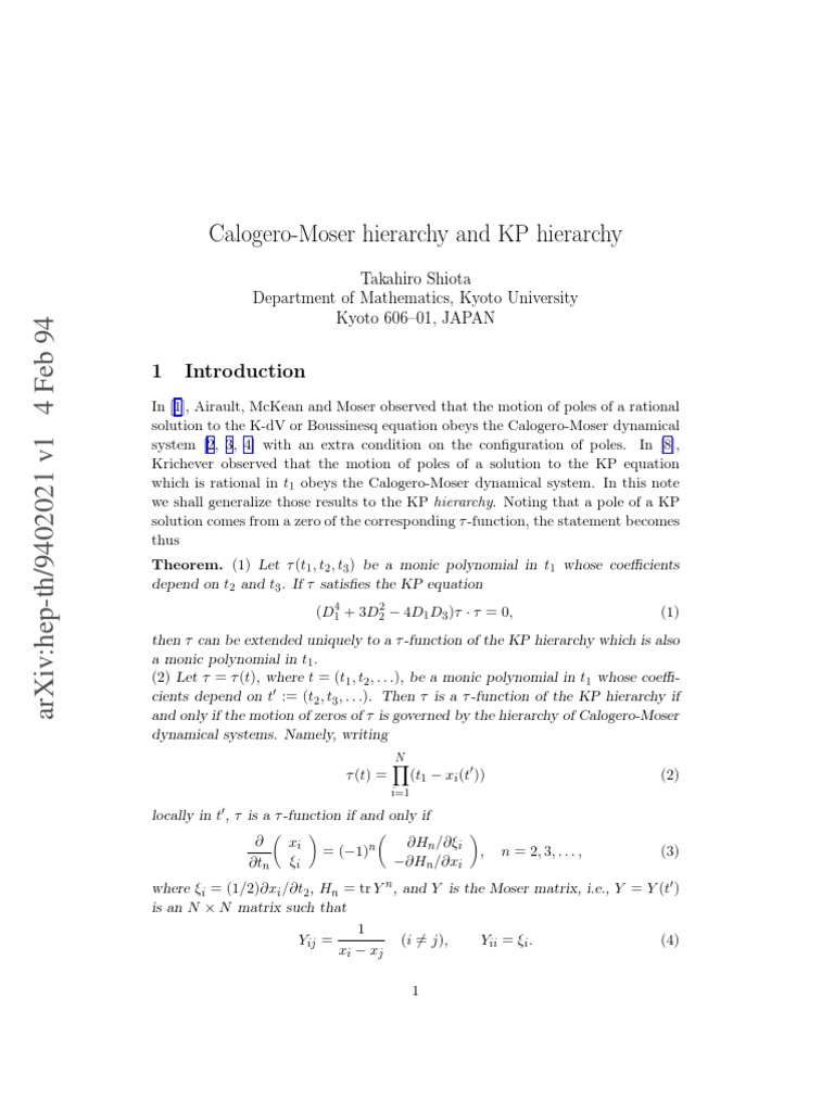 Calogero-Moser Hierarchy and KP Hierarchy | PDF | Polynomial | Equations