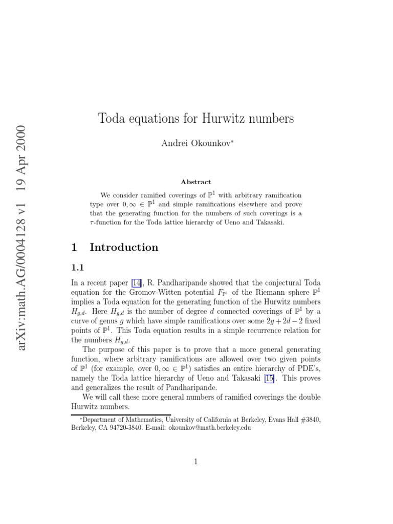Toda Equations For Hurwitz Numbers: Andrei Okounkov | PDF | Summation ...