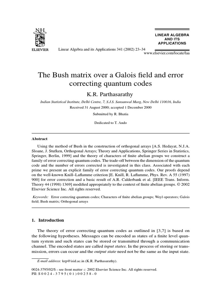 The Bush Matrix Over A Galois Field and Error Correcting Quantum Codes | PDF | Group ...