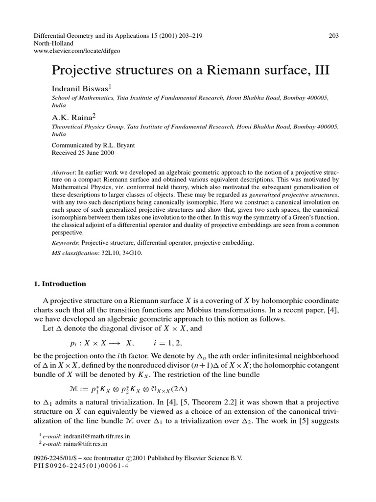 Projective Structures On A Riemann Surface, III: Indranil Biswas | PDF | Vector Space ...
