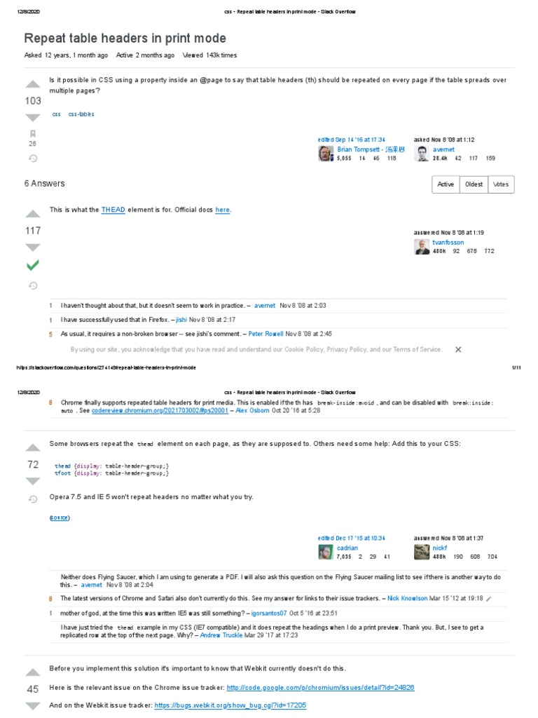 Css - Repeat Table Headers in Print Mode - Stack Overflow | PDF | Http Cookie | Cascading Style ...