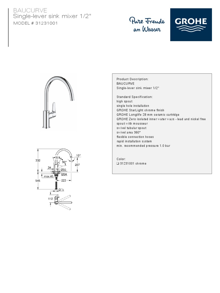 GROHE Specification Sheet 31231001 | PDF