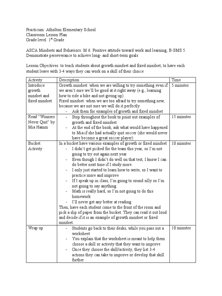 Classroom Lesson Plan Elementary | PDF | Mindset | Lesson Plan