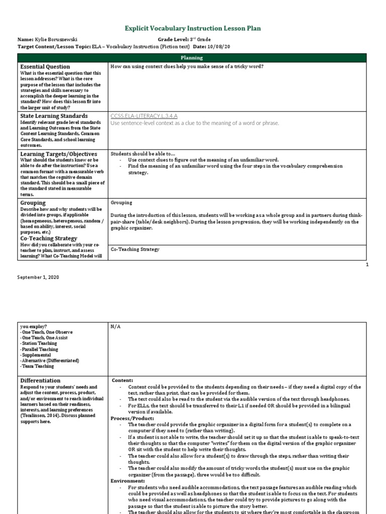 Explicit Vocabulary Instruction Lesson Plan: Essential Question | PDF ...