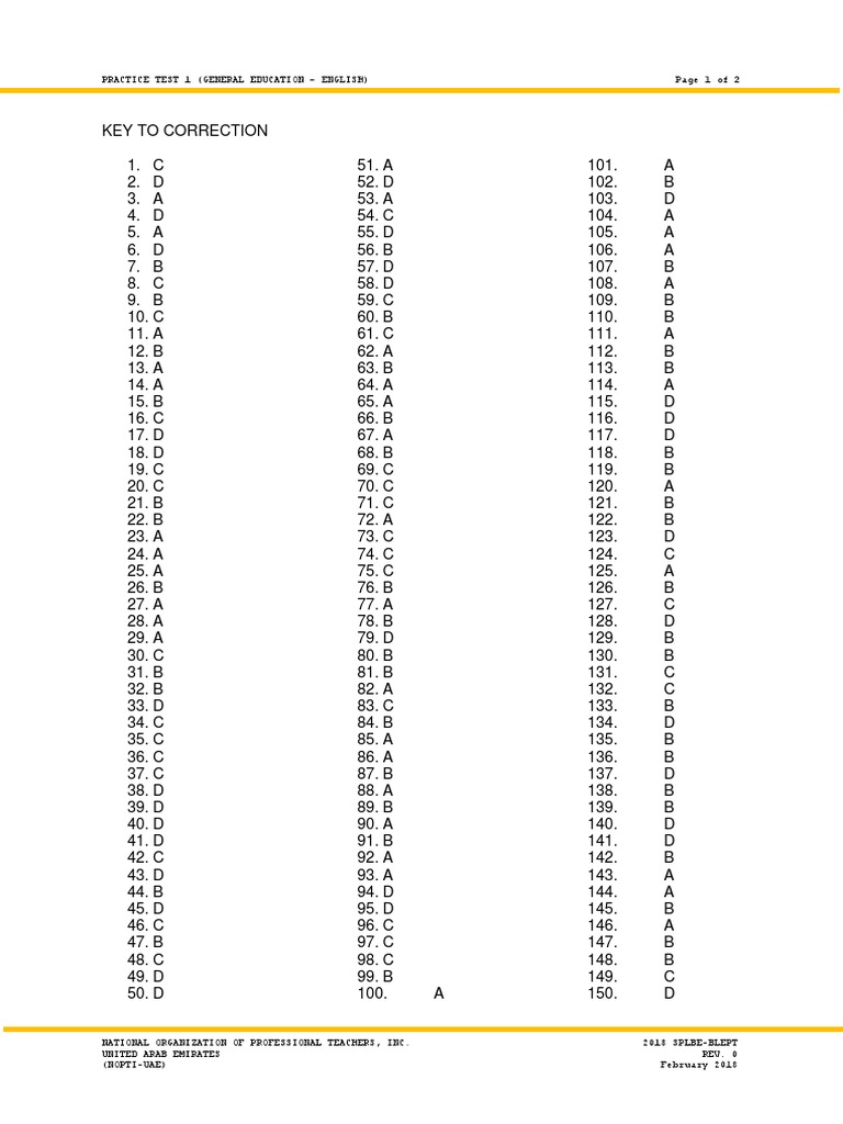 1 - Practice Test 1 - Gen. Ed. - English - Answer Key PDF | PDF