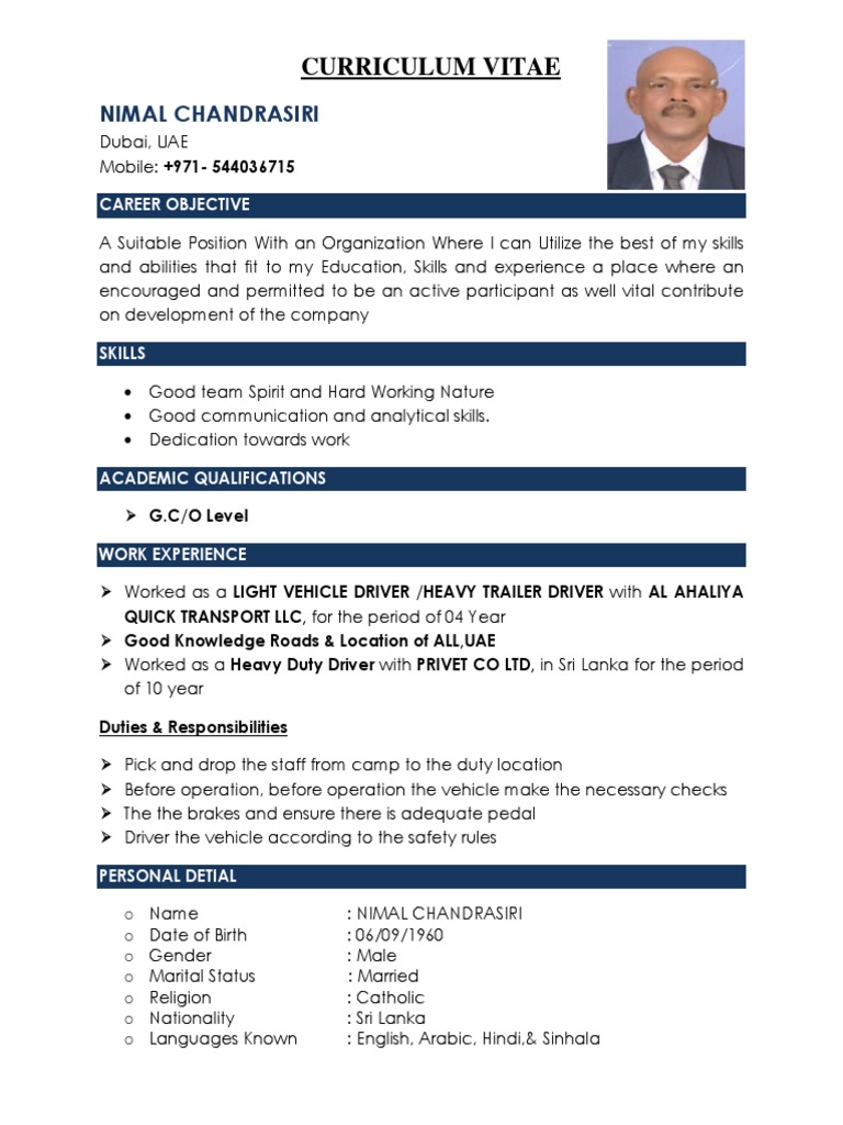 CV for Driver in Dubai | PDF