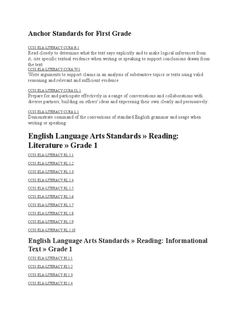English Language Arts Standards Reading: Literature Grade 1 | PDF ...