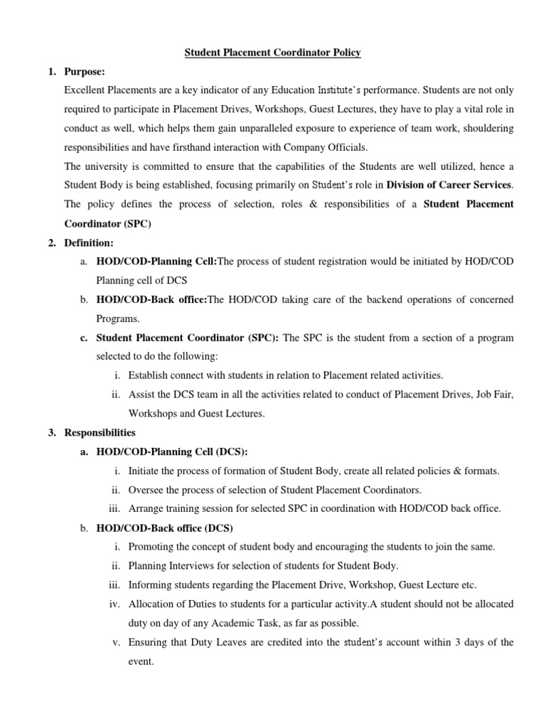 Student Placement Coordinator Roles | PDF | Learning | Business