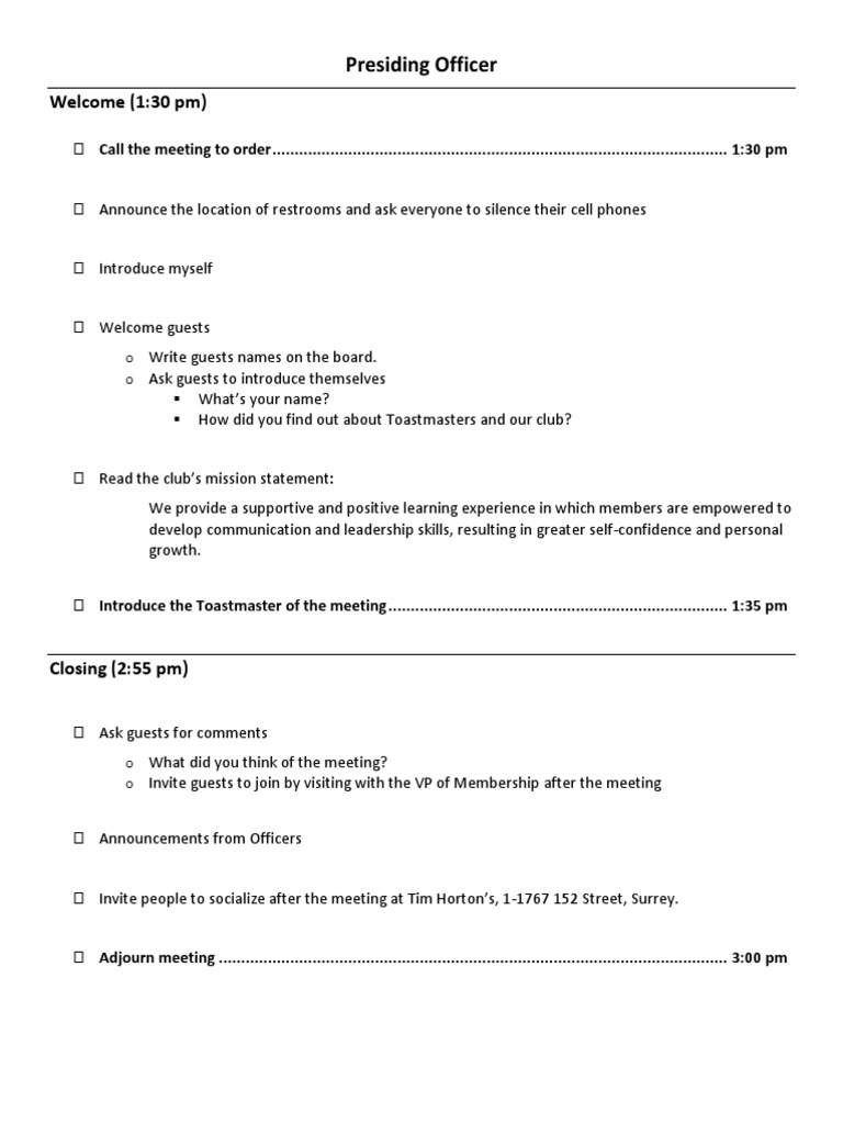 Presiding Officer Meeting Script | PDF | Foreign Language Studies