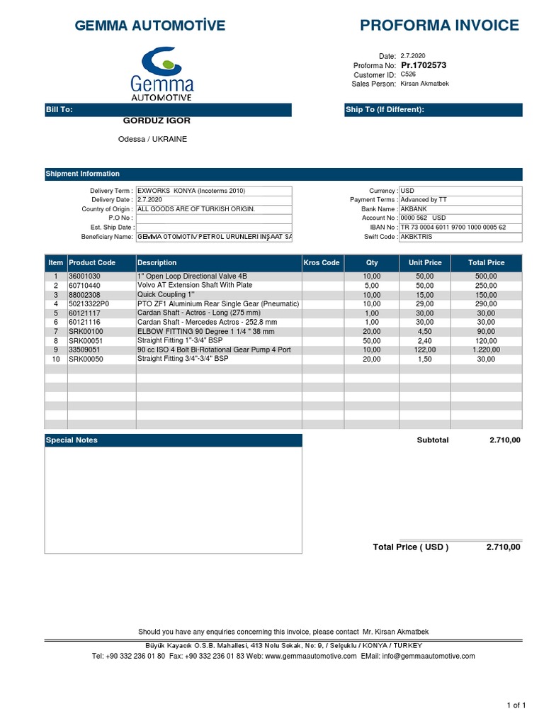 Proforma Invoice (Pr.1702573) | PDF | Business