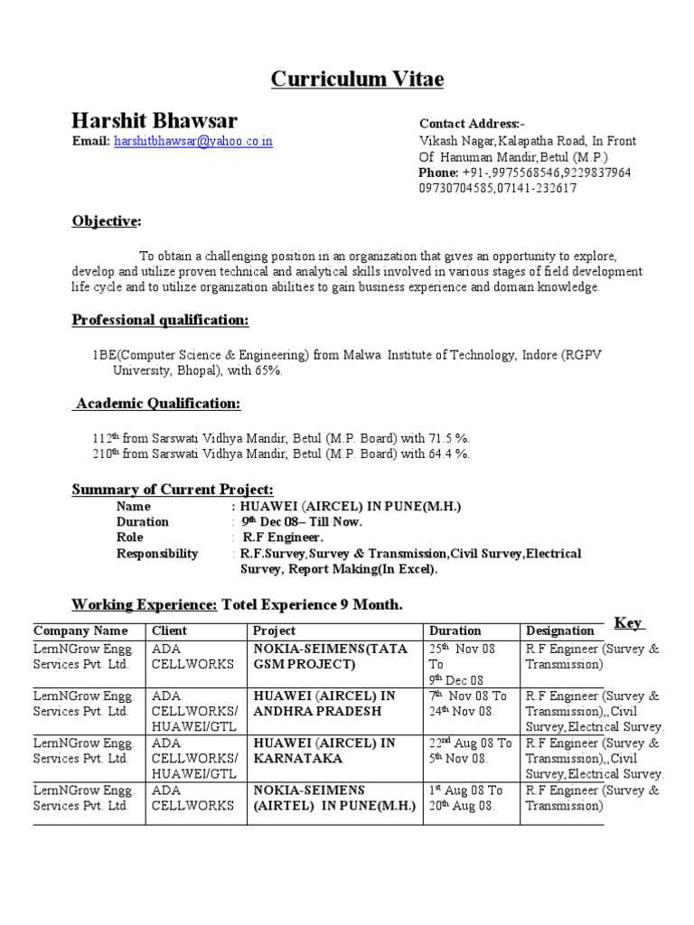 Curriculum Vitae Harshit Bhawsar: Objective | PDF | Telecommunications