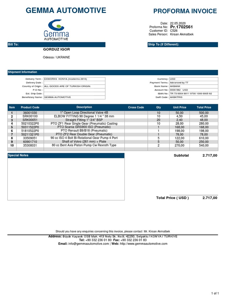 Proforma Invoice (Pr.1702561) PDF | PDF | Automotive Equipment ...