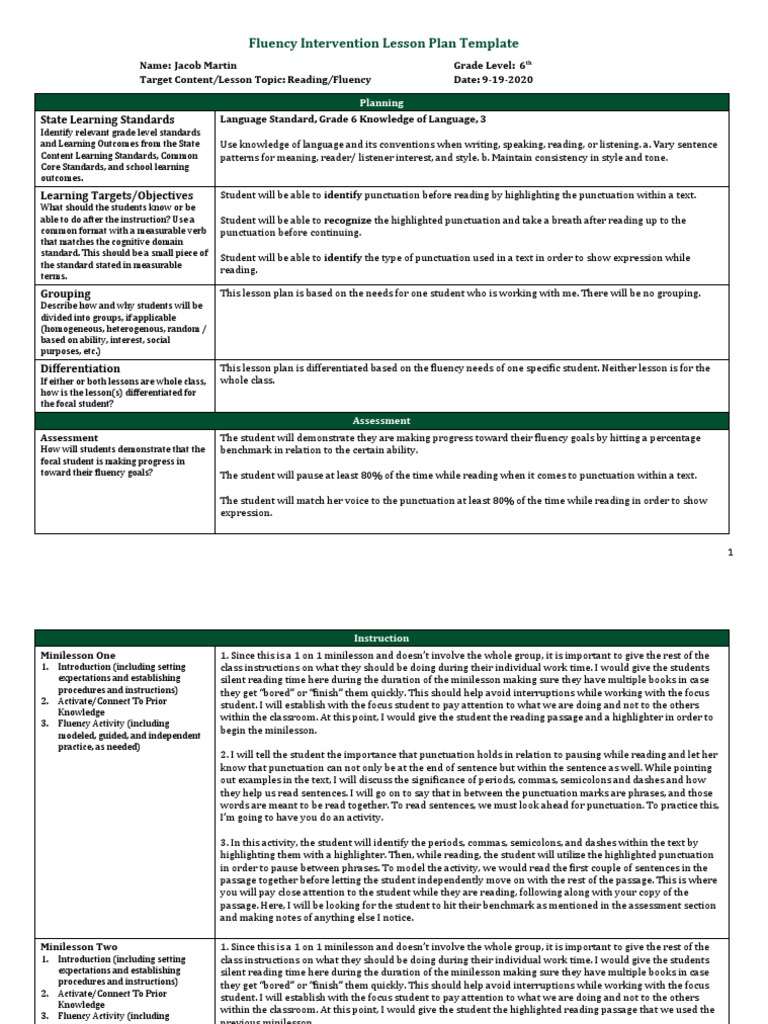 Fluency Intervention Lesson Plan Template: State Learning Standards ...