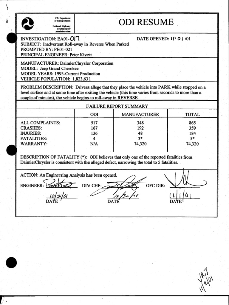 Jeep Grand Cherokee Roll-Away Investigation | PDF | Chrysler ...