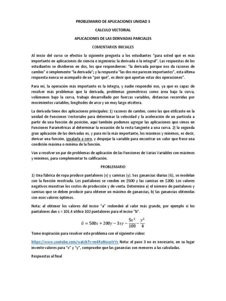 PROBLEMARIO Aplicaciones Calculo Vectorial Unidad 4 | PDF | Derivado | Curva
