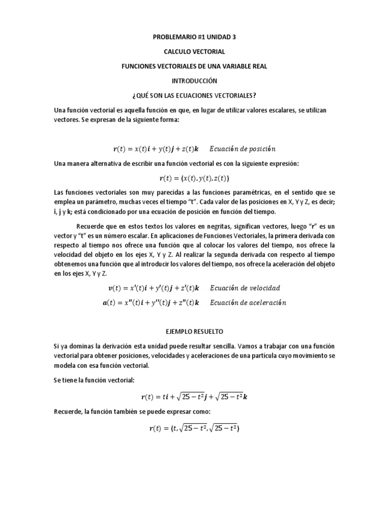 PROBLEMARIO Calculo Vectorial Unidad 3 PDF | PDF | Vector Euclidiano | Velocidad