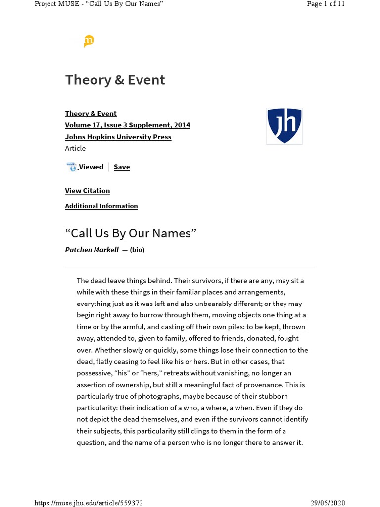 Theory & Event: "Call Us by Our Names" | PDF | History
