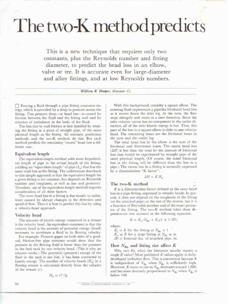 1981 William Hooper - The Two-K Method Predicts Head Losses in Pipe ...