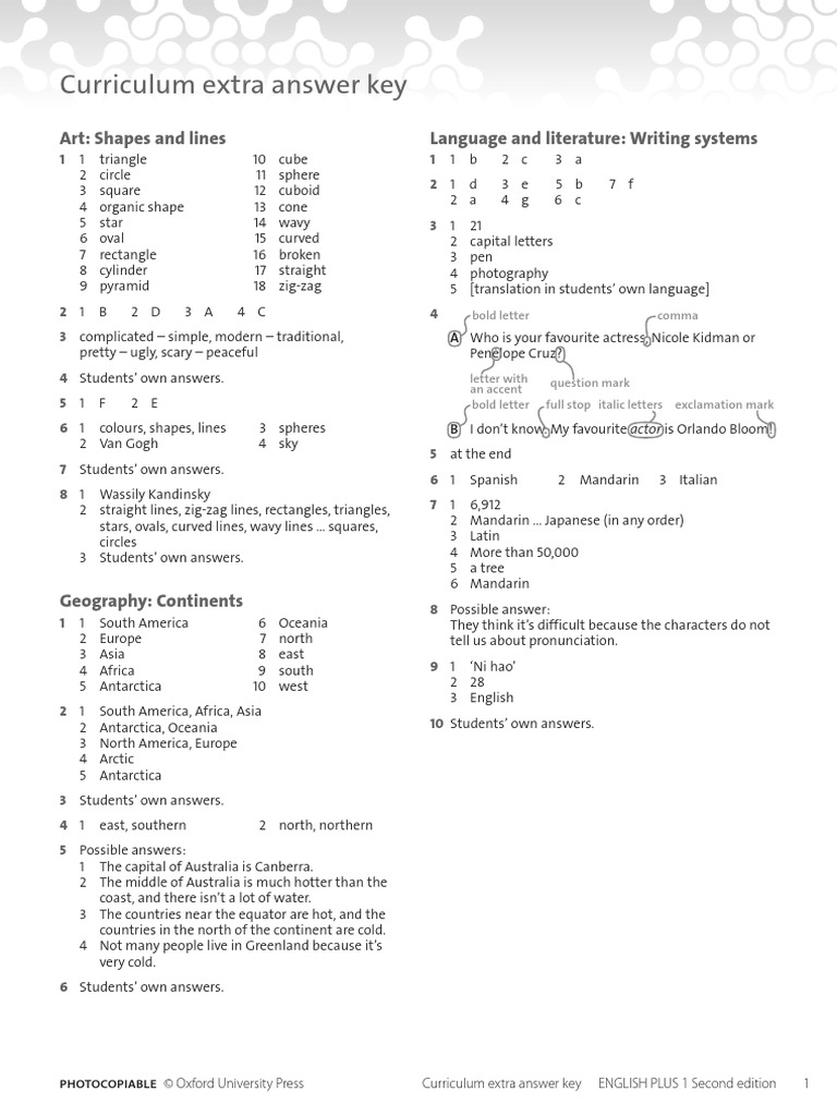 Curriculum Extra Answer Key: Art: Shapes and Lines Language and ...